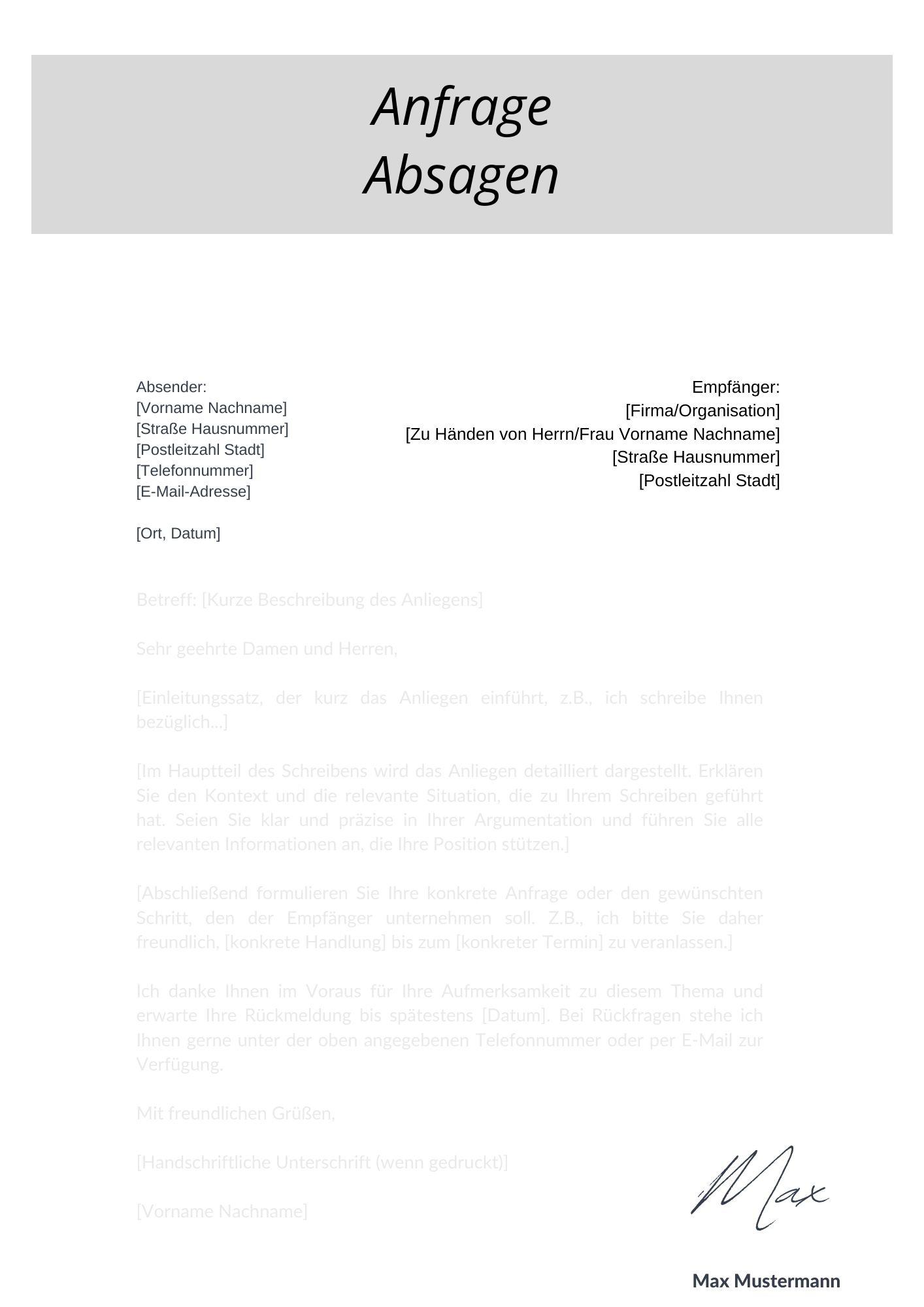 Anfrage Absagen Musterschreiben
